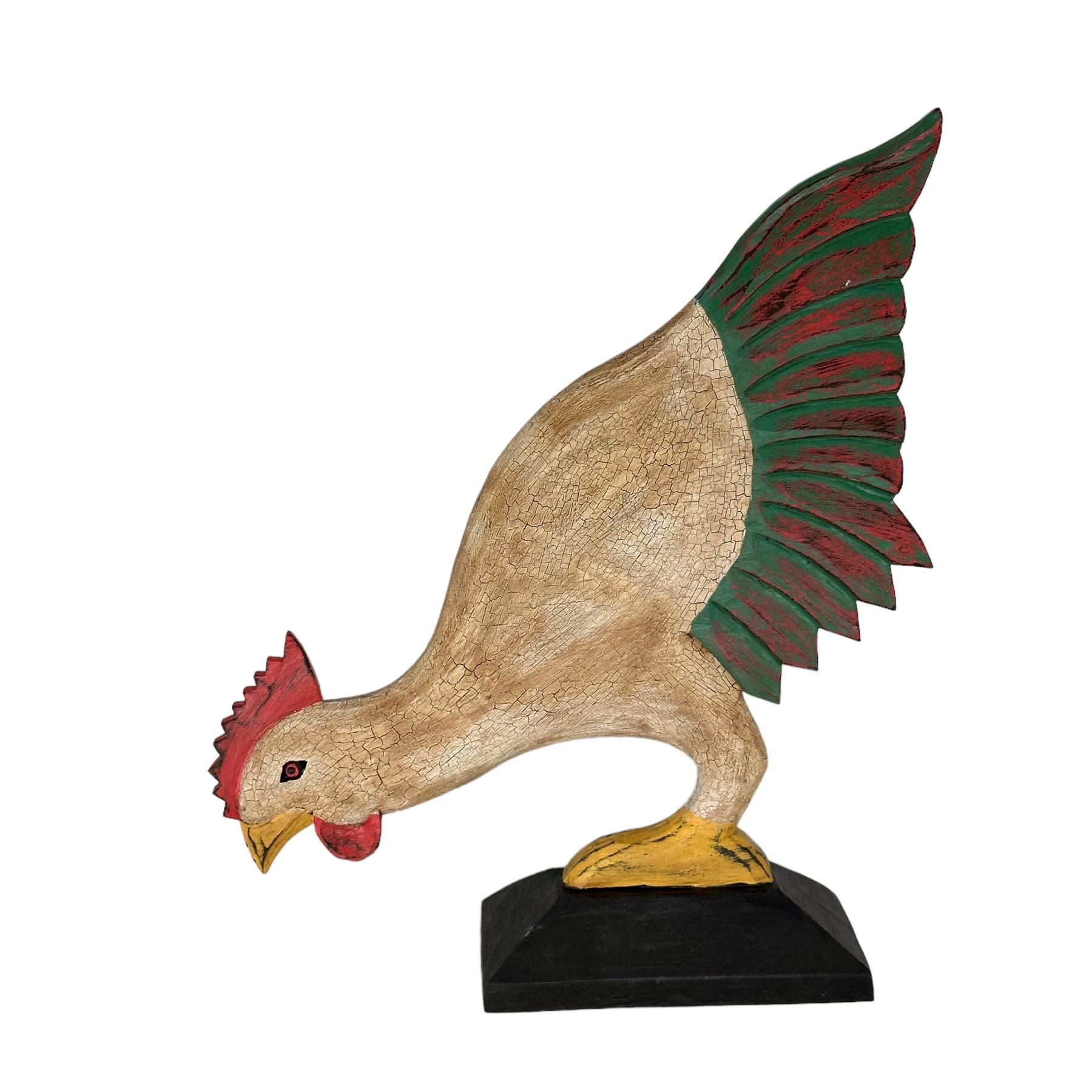 Hand Carved and Painted Albesia Eating Chicken - Maka Imports