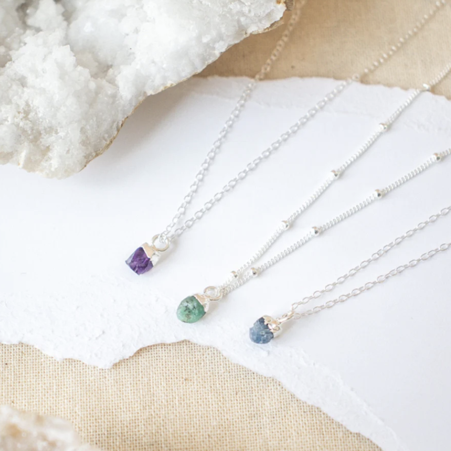 Tiny Raw Birthstone Crystal Necklace · Silver - Desert Rose