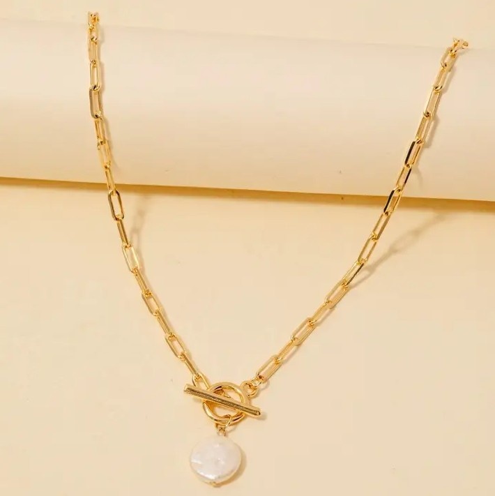 Toggle Chain Link Disc Pearl Charm Necklace - Desert Rose