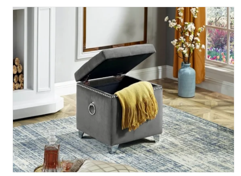 Grey Velvet Storage Ottoman with Deep Tufting, Chrome Ring, Nailhead ...