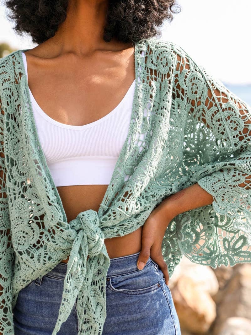 Leto-Summer Crochet Floral Petal Kimono Wrap-Mint - Two & A Half Sisters