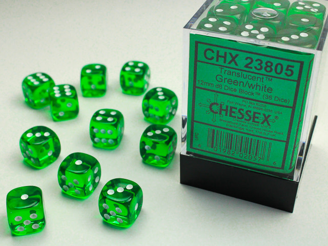 Translucent Green/white 12mm d6 Dice Block (36 dice) - Chessex - La ...
