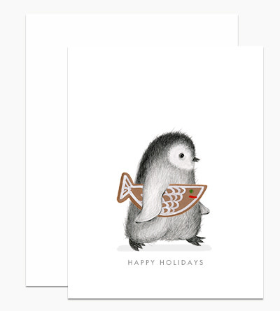 penguin with gingerbread fish card - mlynnedesigns