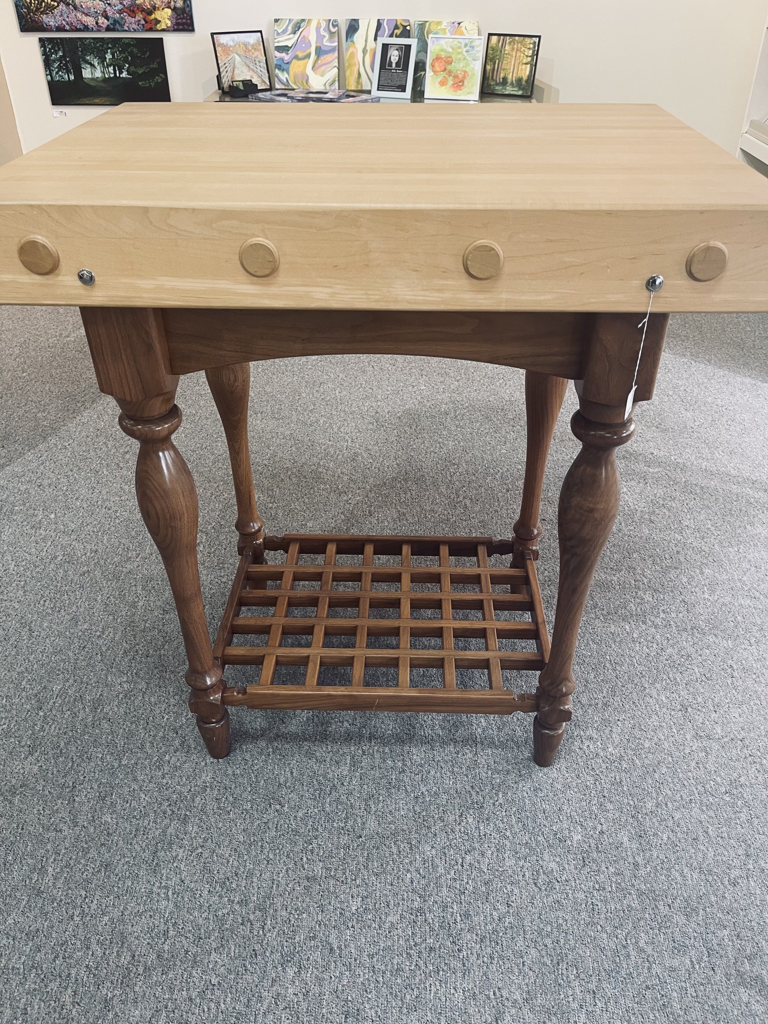 Blueskies Gallery Butcher block table with wooden lattice work base ...