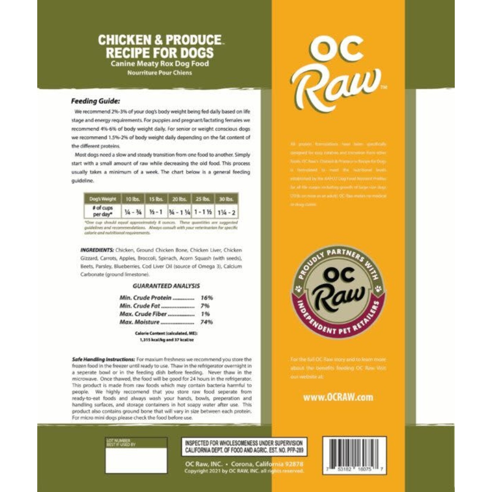 OC Raw Frozen Raw Chicken & Produce Meaty Rox for Dogs 3lb - Wild Whiskers