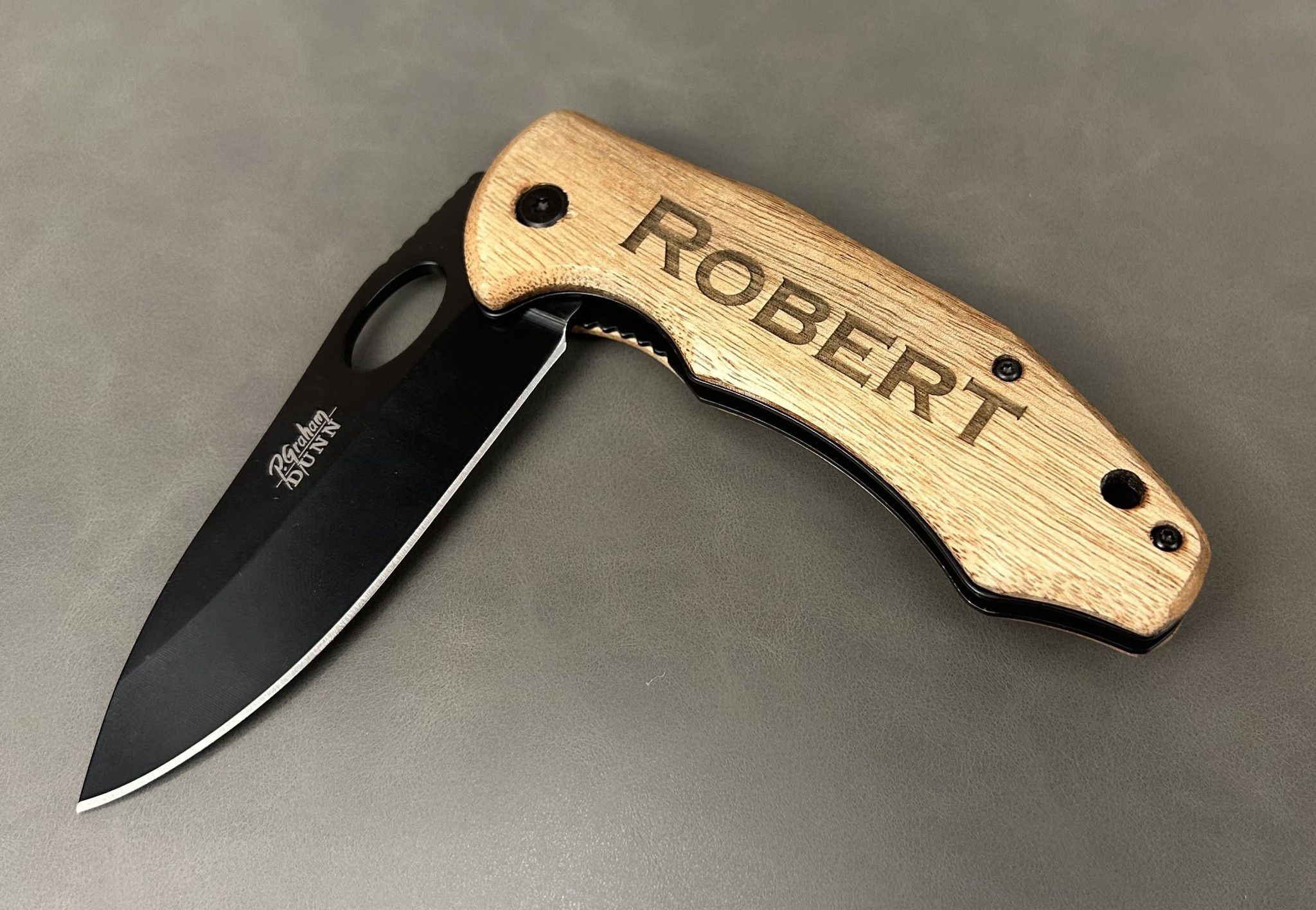 Custom Engraved Wood Locking Knife w/ 3.25" Blade & Clip - Prim in Proper