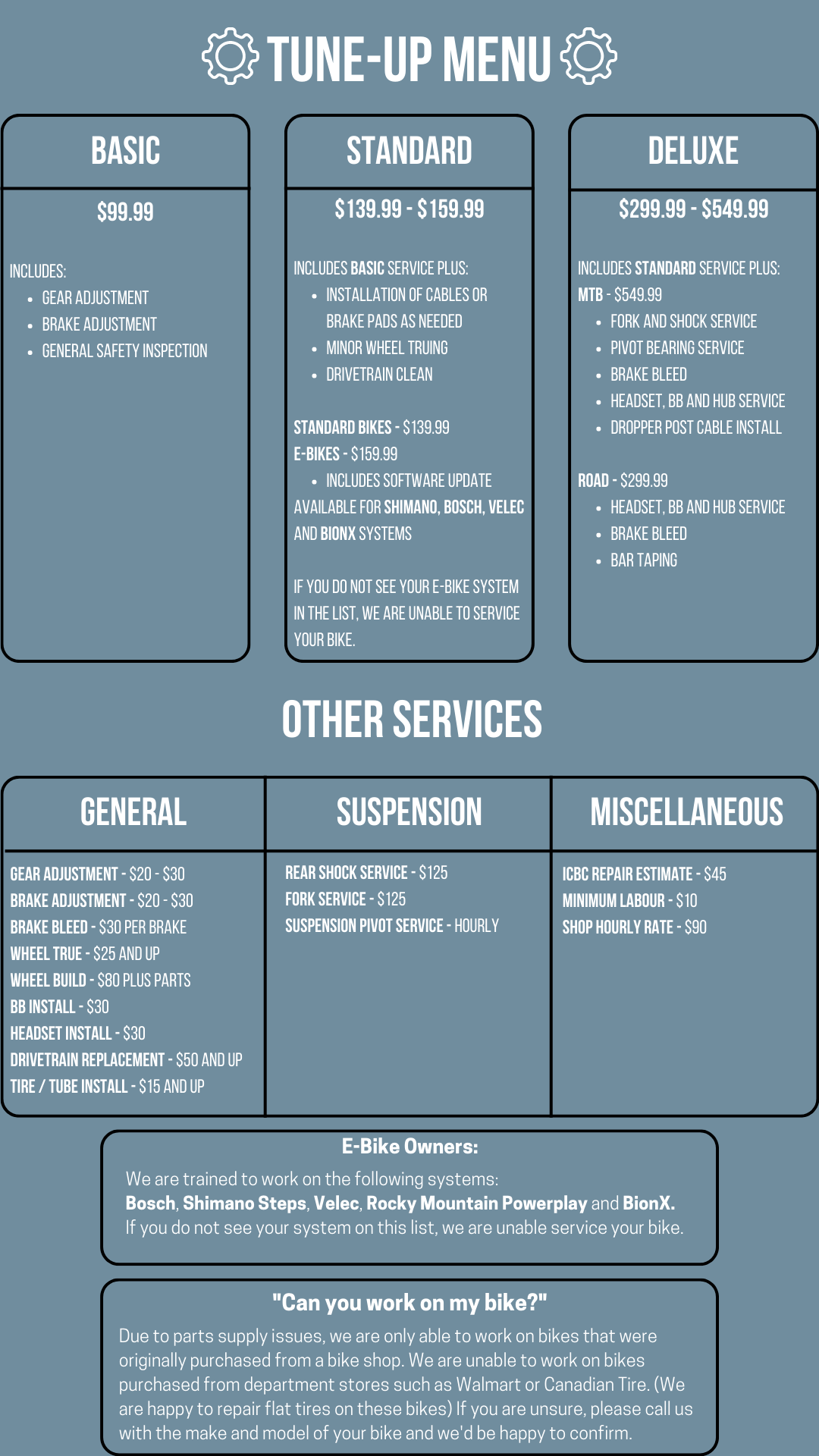 Service Menu - Rocky Cycle