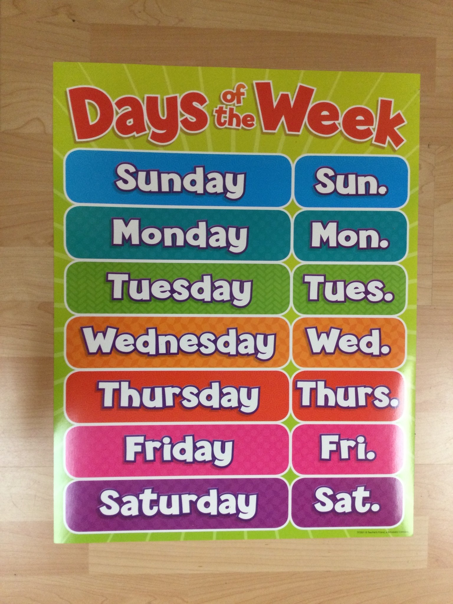 Days of the Week Chart Days of the Week Chart - School Spot