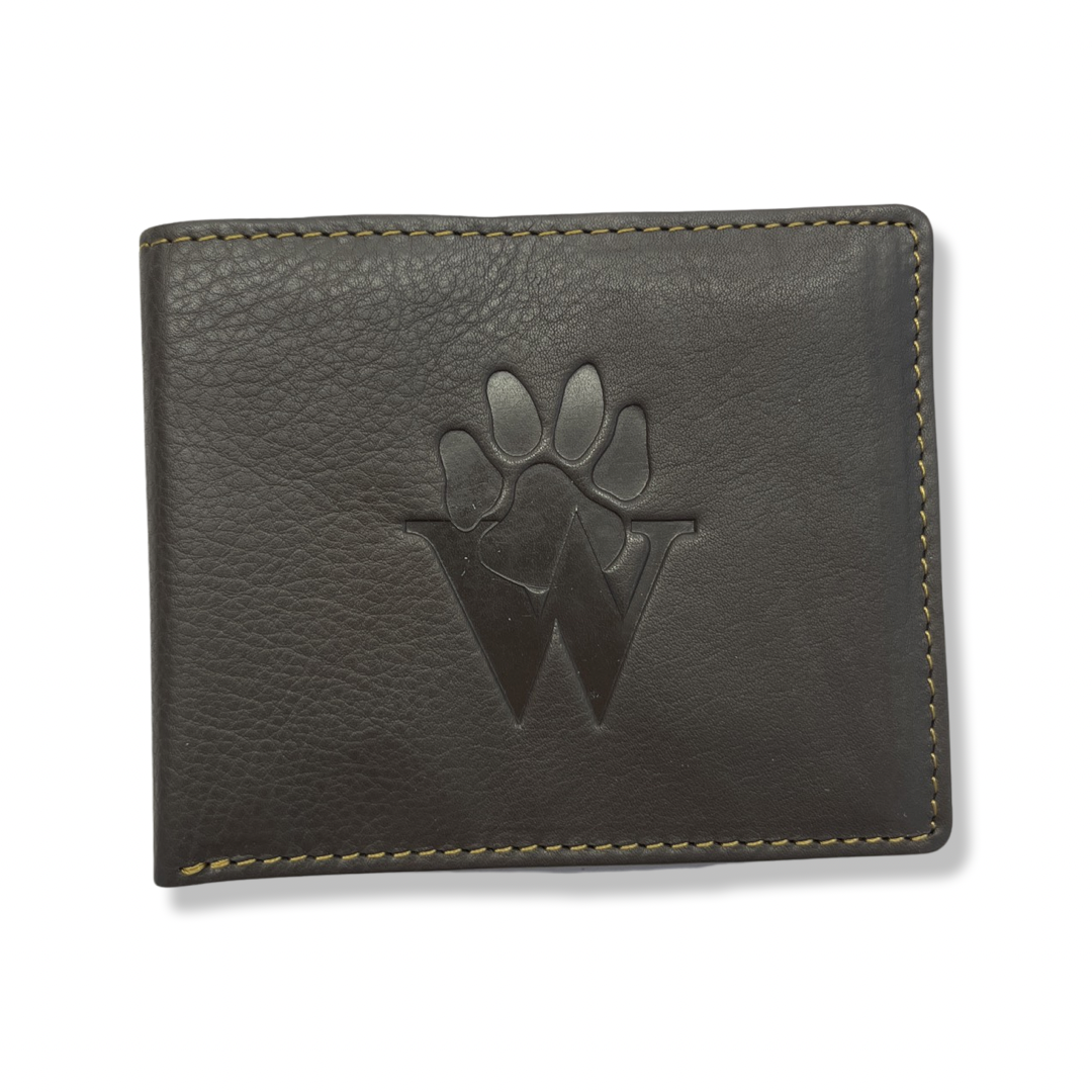 Leather Bifold Brown W/Paw Wallet - Woodberry School Store