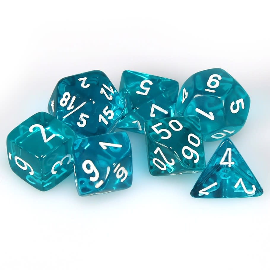 Translucent Polyhedral 7-Die Set: Teal with white - Sanctum Games