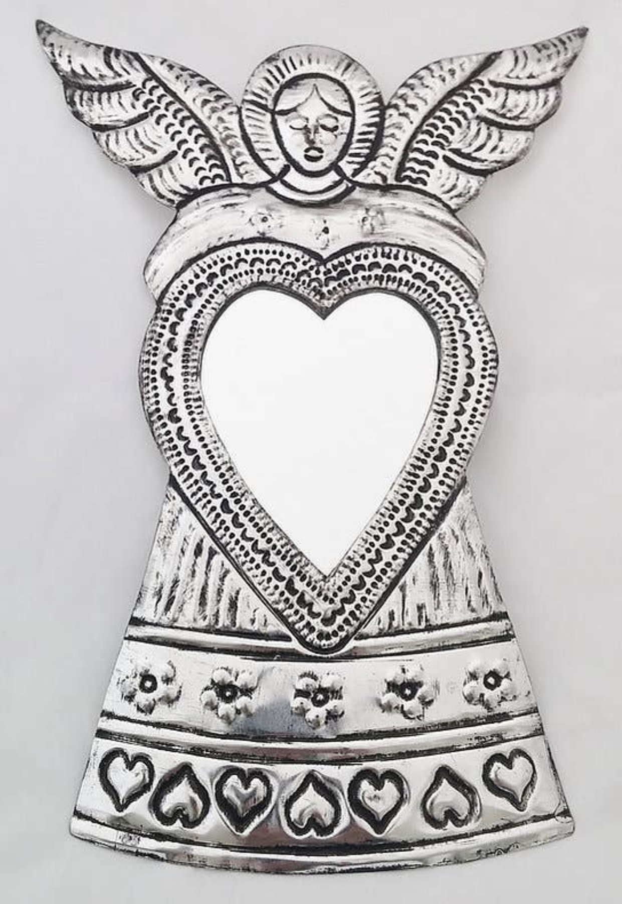Mexican Tin Angel with heart mirror large• Made in Mexico • Dimensio ...