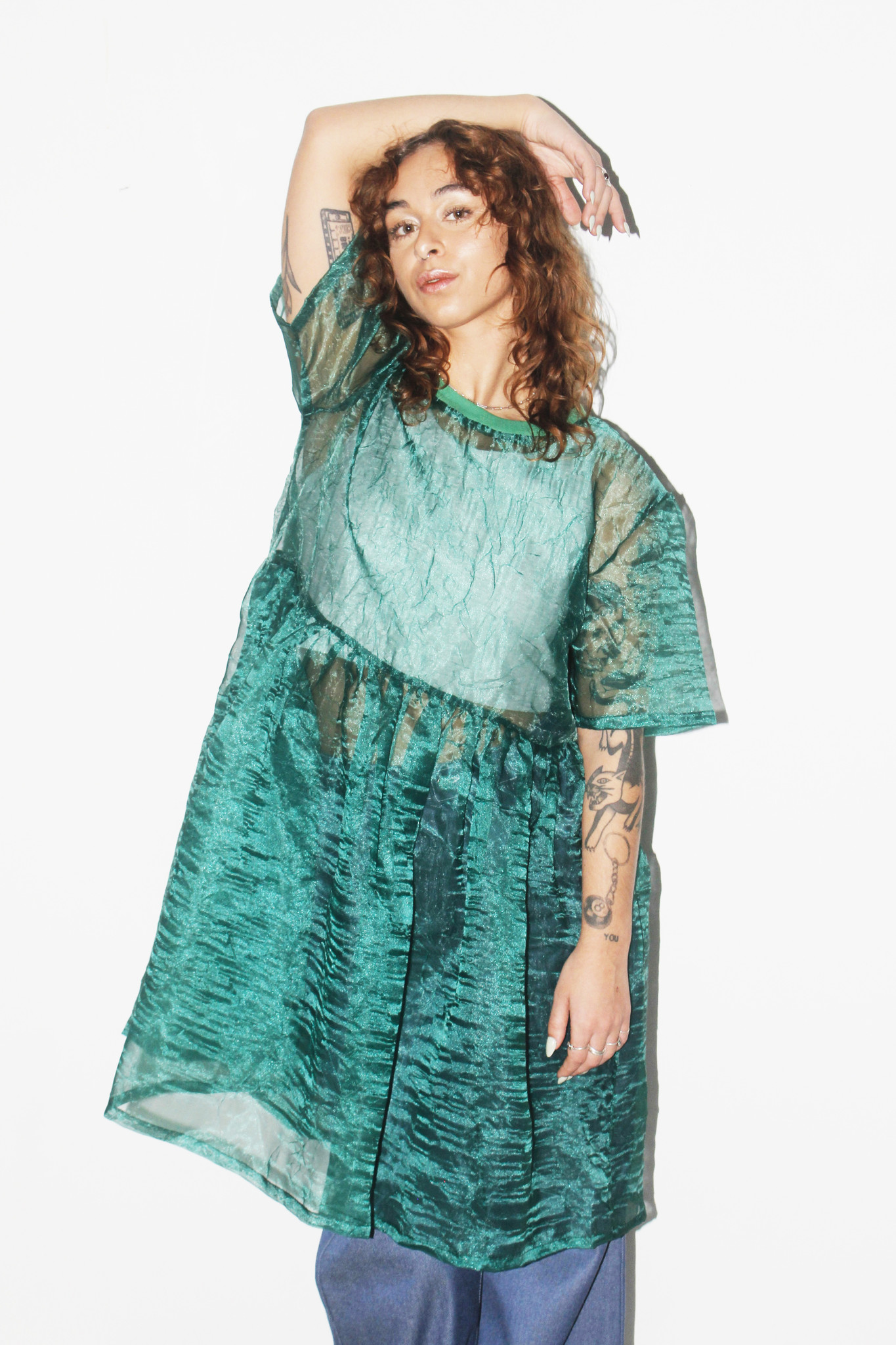 Studio Citizen Sheer Babydoll Dress in Dark Emerald Green - CITIZEN VINTAGE