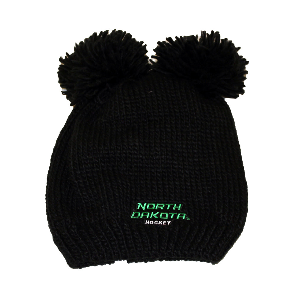 ND Hockey Leia Double Pom Knit Black - Sioux Shop at Ralph Engelstad Arena