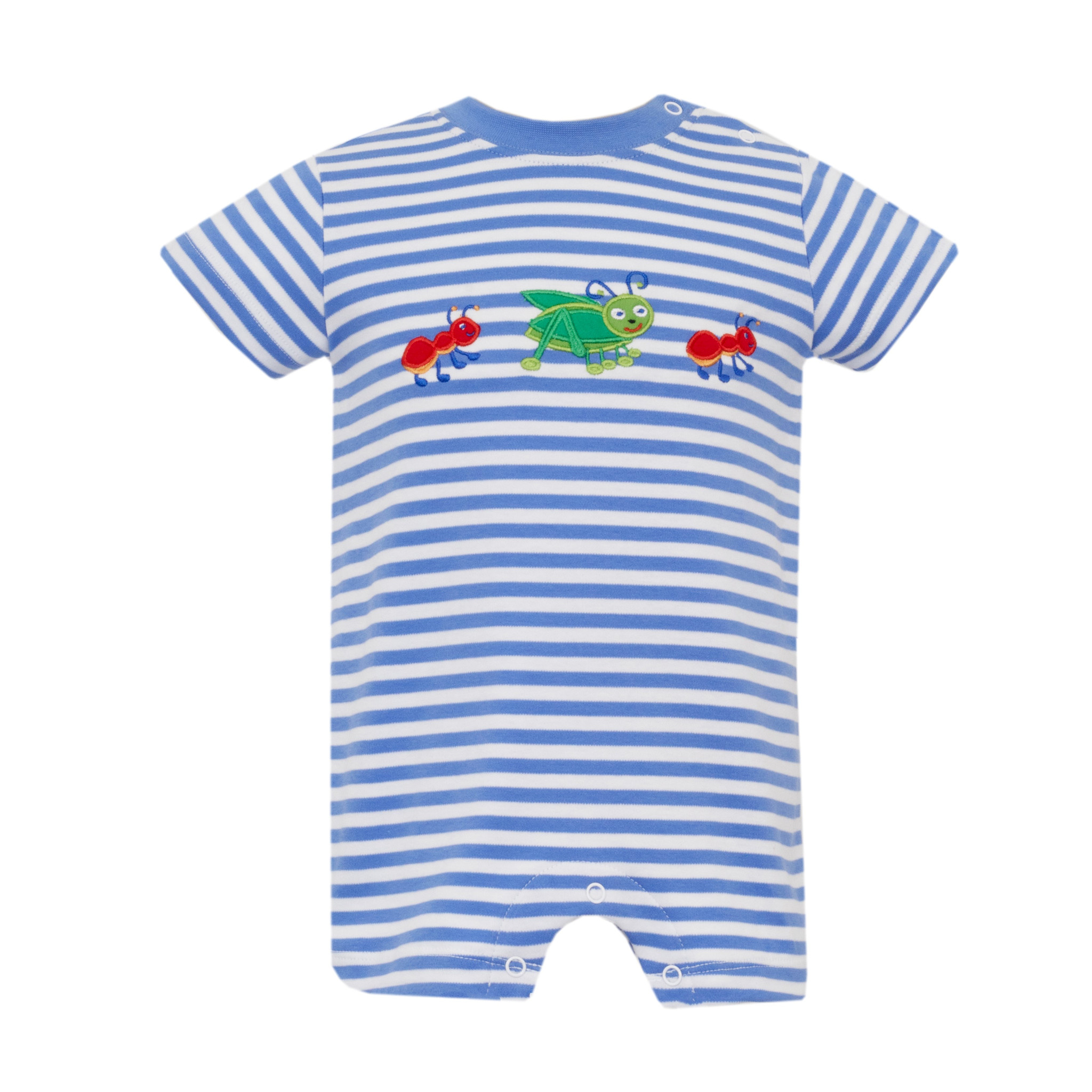 Claire & Charlie Blue Stripe Bug Romper - The Sandbox Children's Boutique