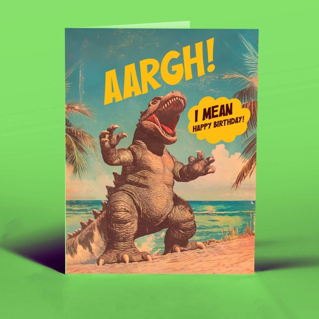 Godzilla Beach Party Birthday Card - Peepa's