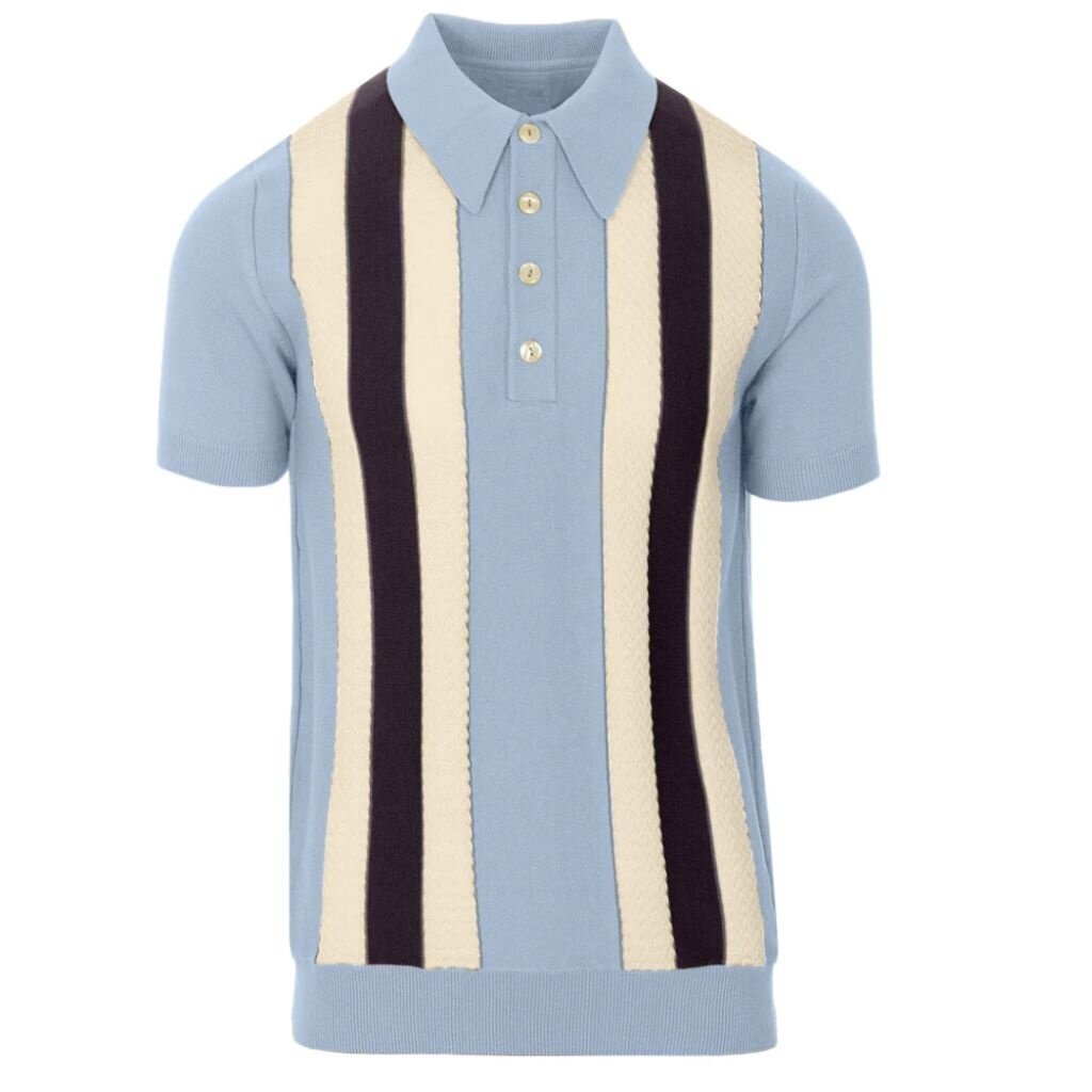Stripe Blue Knit Polo With White Jacquard Panel - Peepa's Stripe Blue Knit Polo With White Jacquard Panel - Peepa's