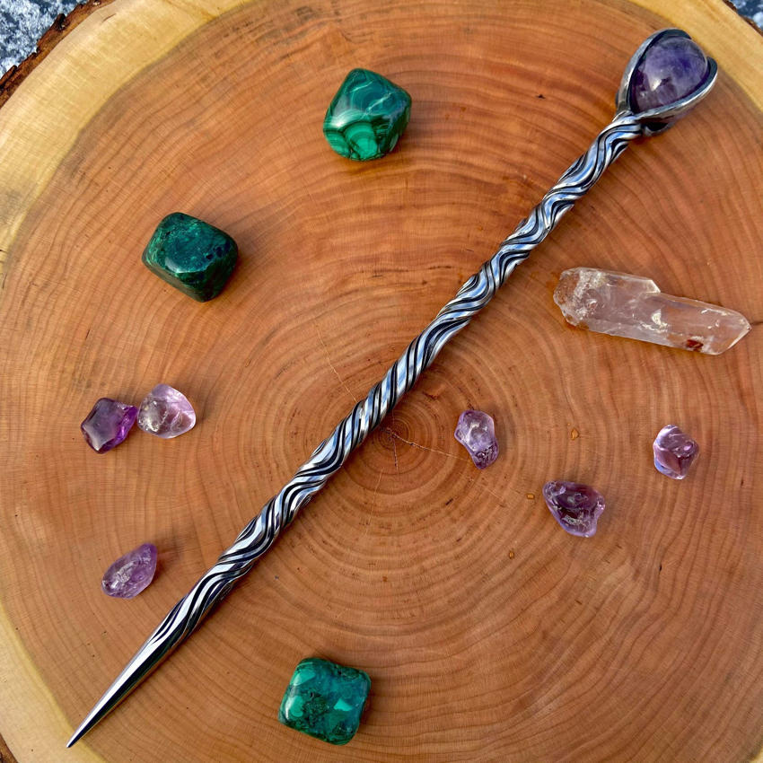 Iron Wand with Amethyst sphere - Vine Twist - Artes and Craft LLC
