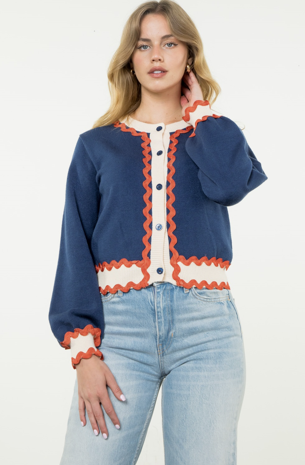 Navy Button Up Ric Rac Cardigan - Edit