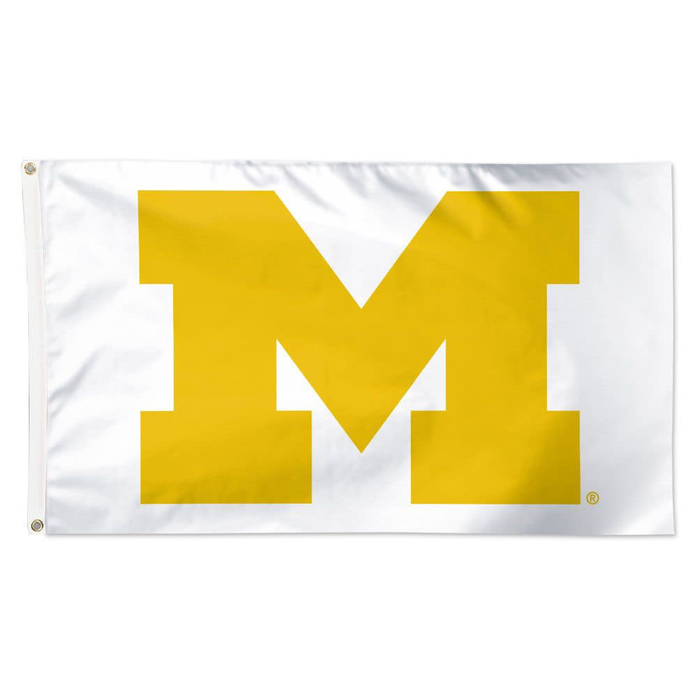 UM Flag 3'x5' Deluxe White w/Yel Michigan Logo - The Split Mitt