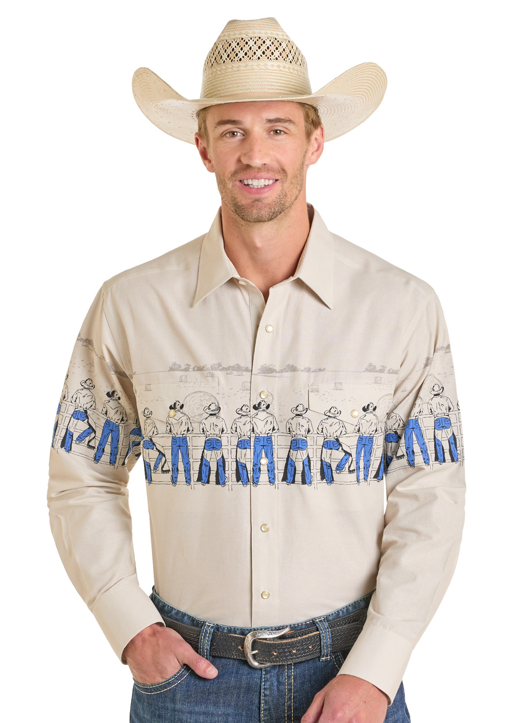 Rock & Roll Denim Men's Denim Cowboy Border Print Snap Shirt - Howell ...