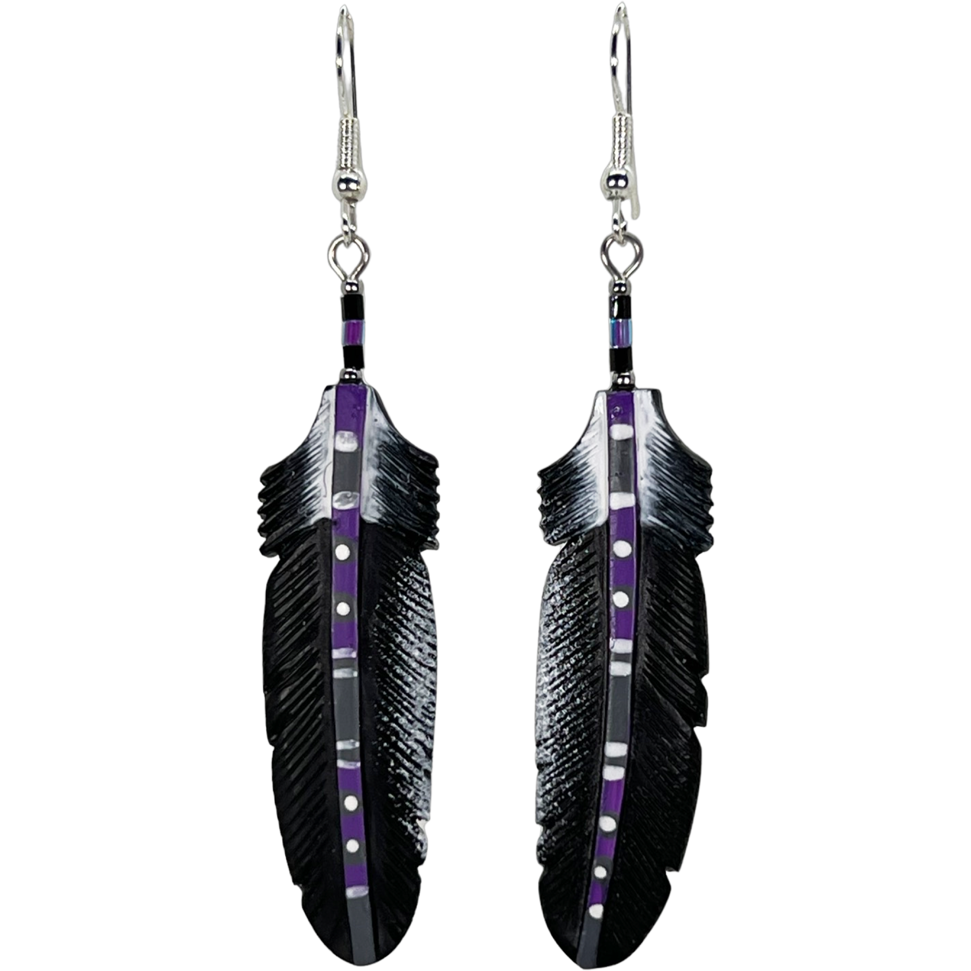 CARVED BONE EARRING - RAVEN FEATHER PAINTED STEM - Four Directions Trading