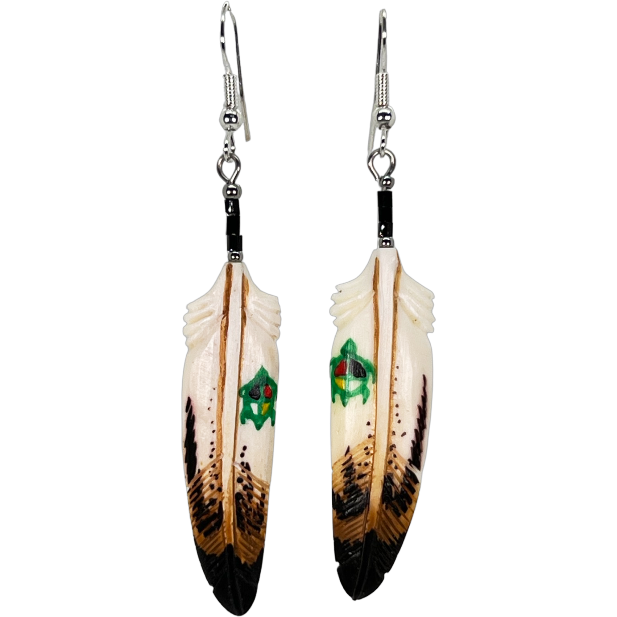 HAND CARVED PAINTED BUFFALO BONE FEATHER EARRINGS, TURTLE DESIGN - Four ...