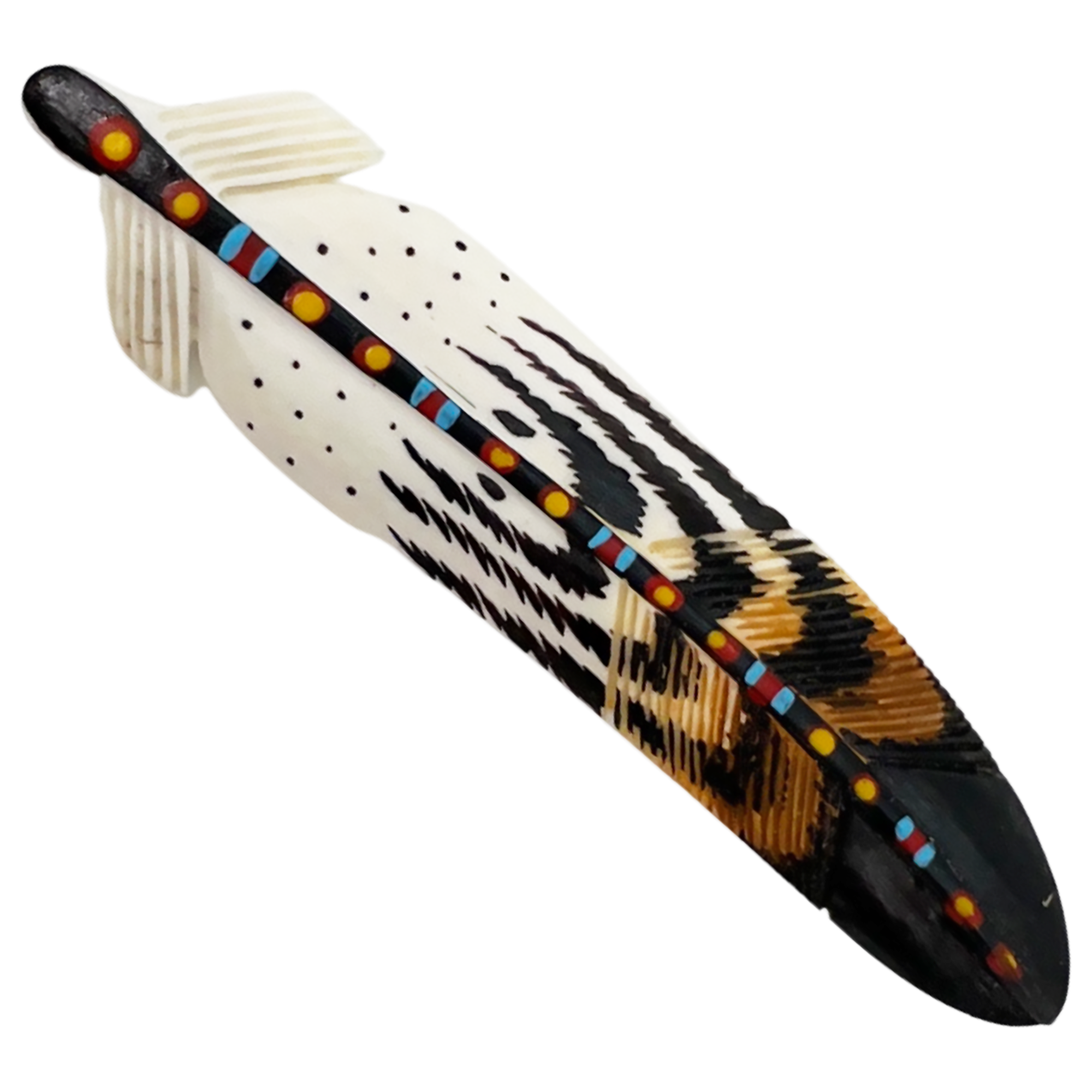 CARVED BONE BARRETTE - FEATHER PAINTED STEM - Four Directions Trading