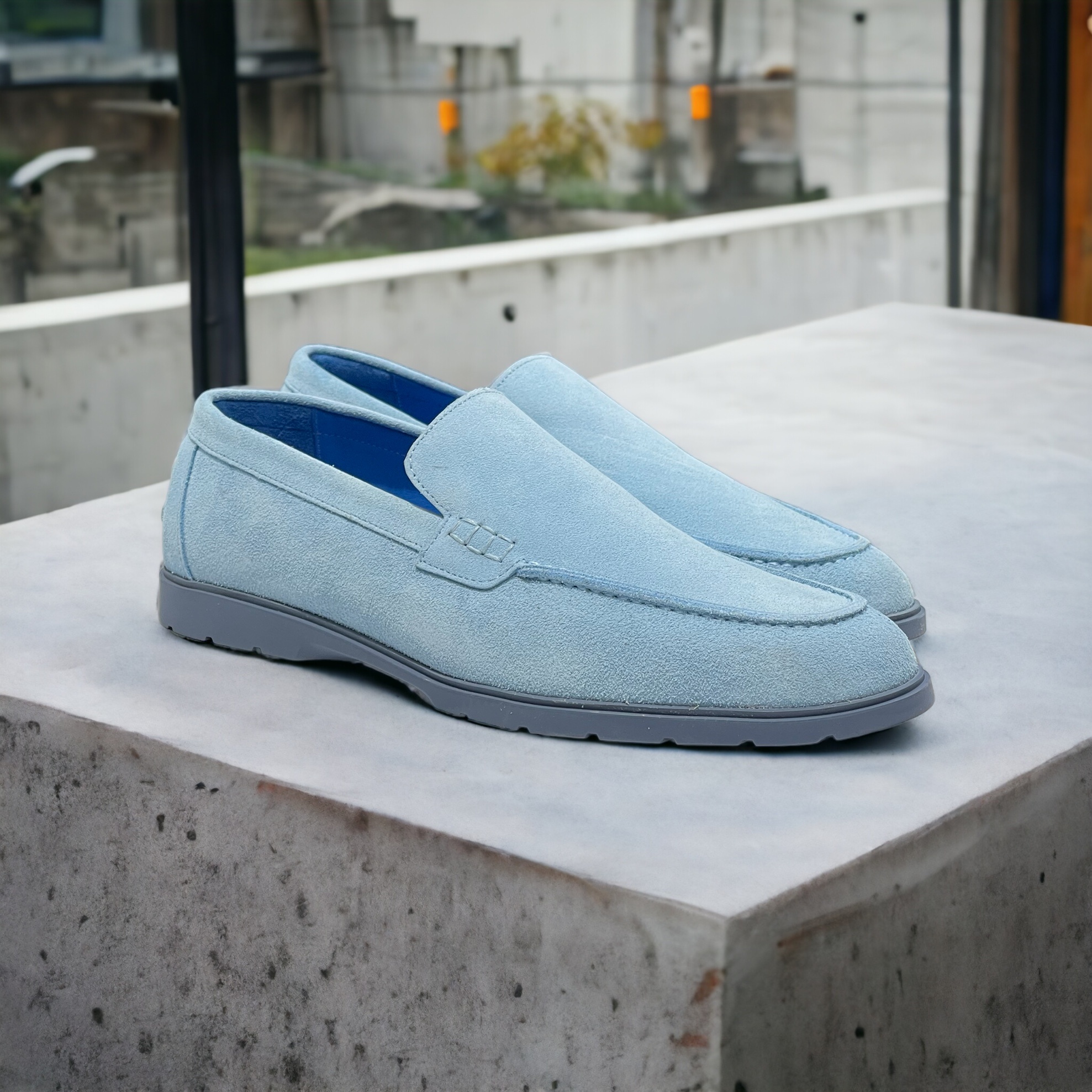Light Blue Sigotto Calfskin Suede Leather Loafers - Kingsmen Shoes