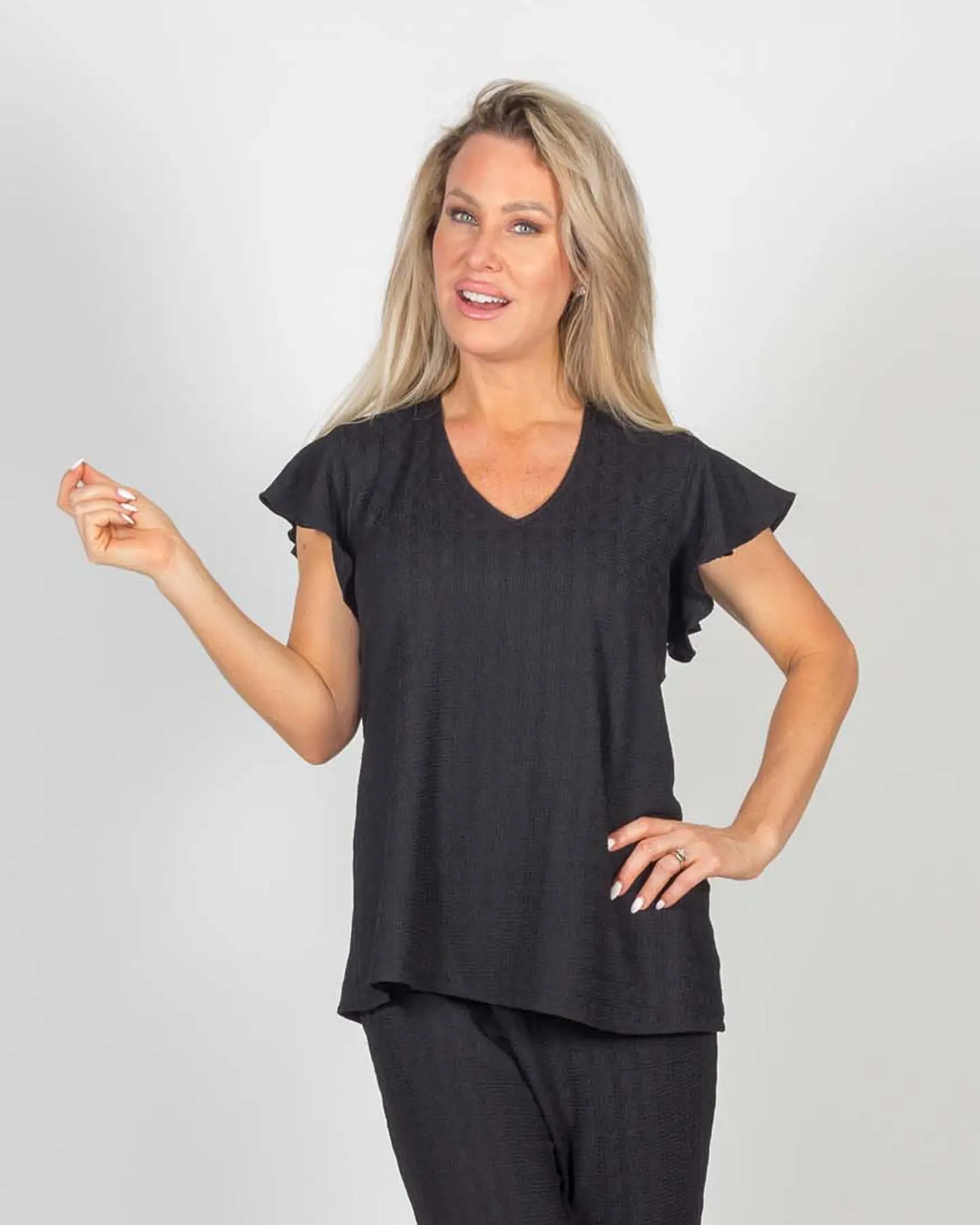 Pure ESSENCE Flutter Sleeve V-Neck Top - Coyote Moon