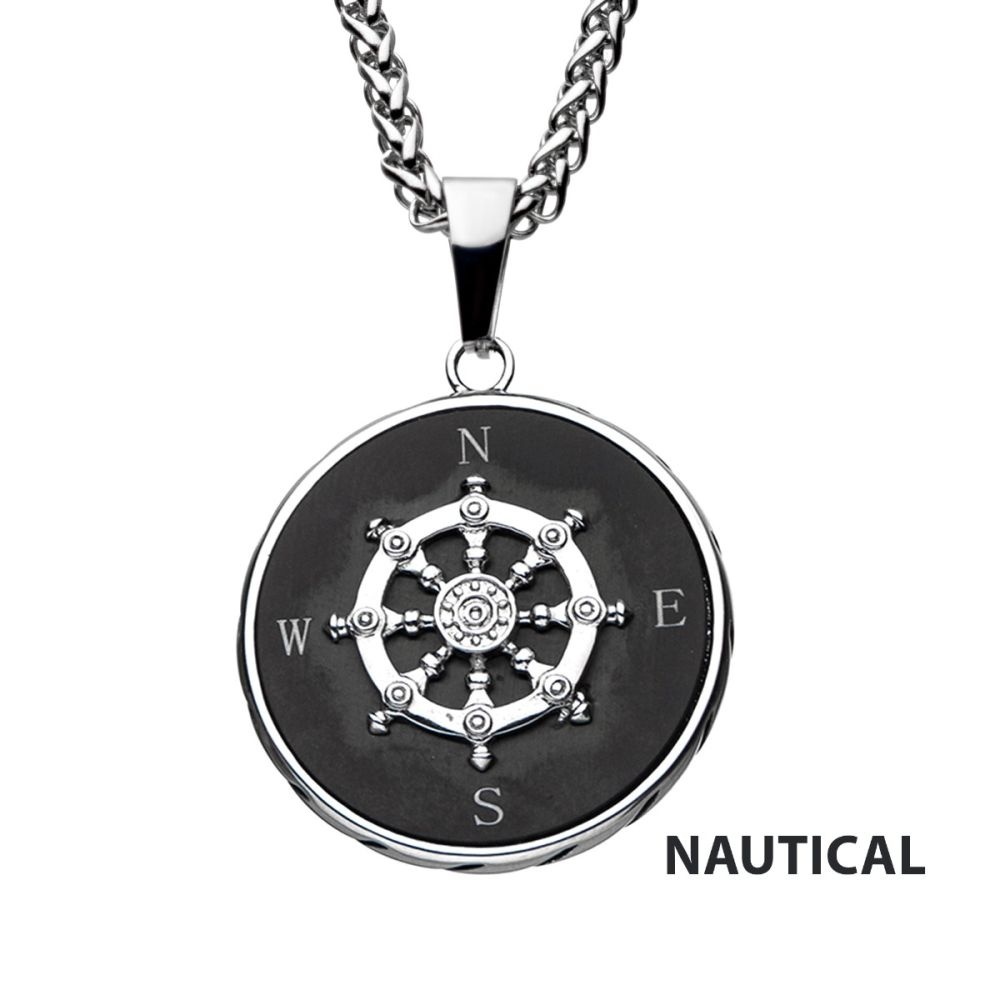 Stainless Steel Black IP Ship's Wheel Compass Pendant with Chain ...