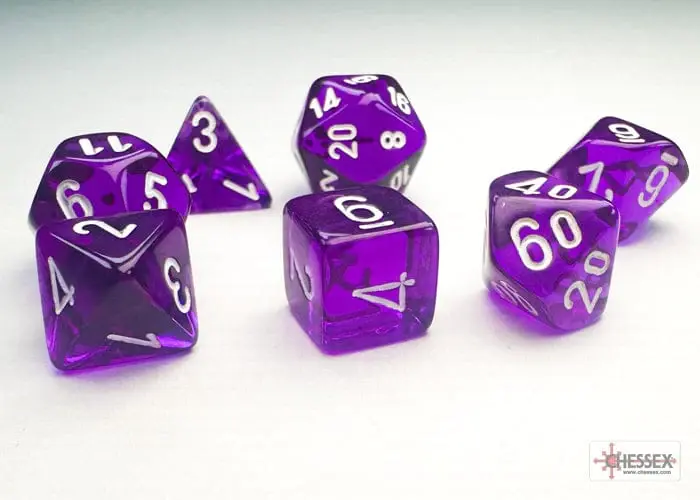 Chessex 20377 7 Die Set Mini Translucent Purple/White - Chuck's Trains ...
