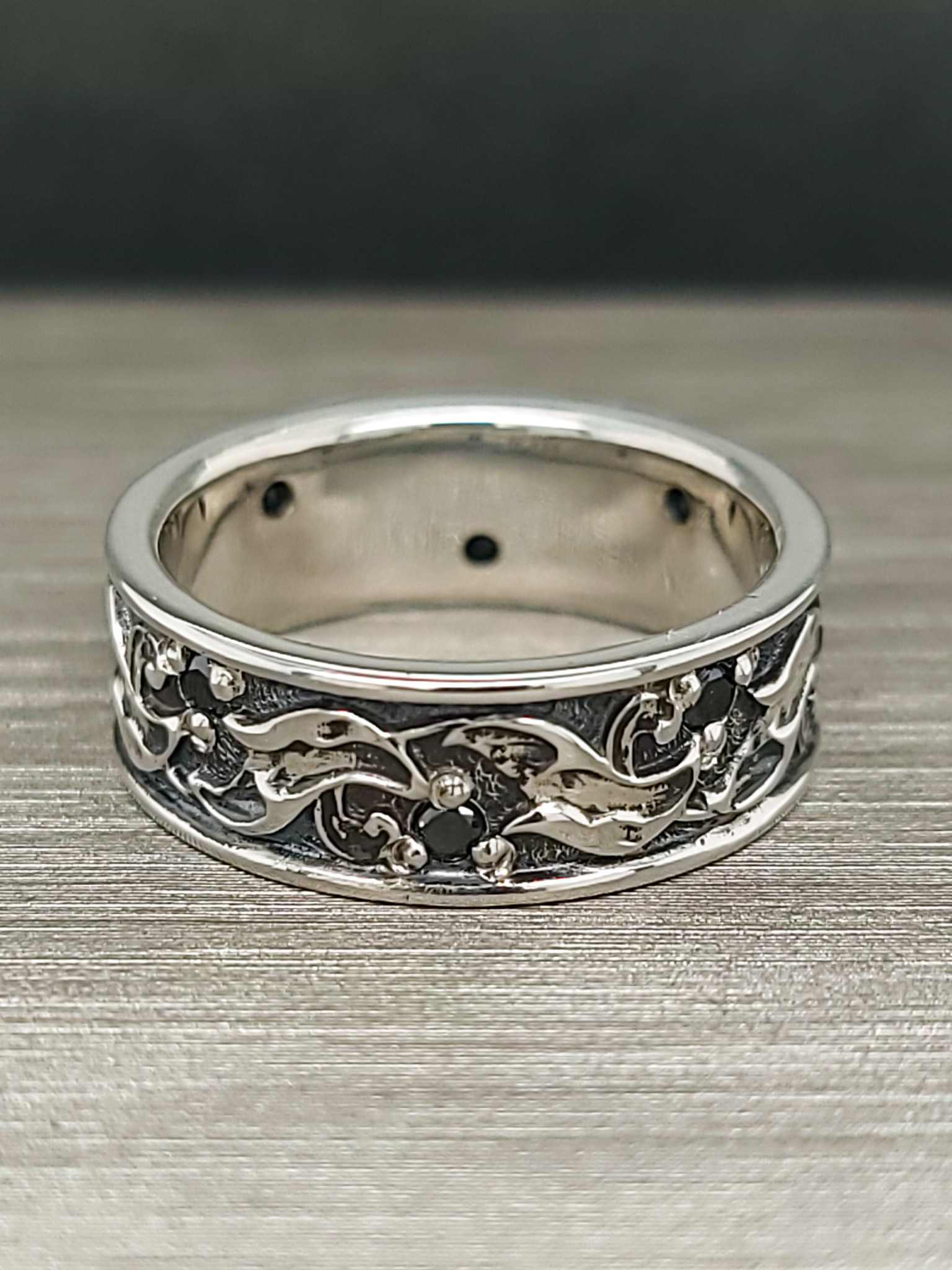 Leaves Band - Black Diamond & Sterling - Silver Bonsai Gallery