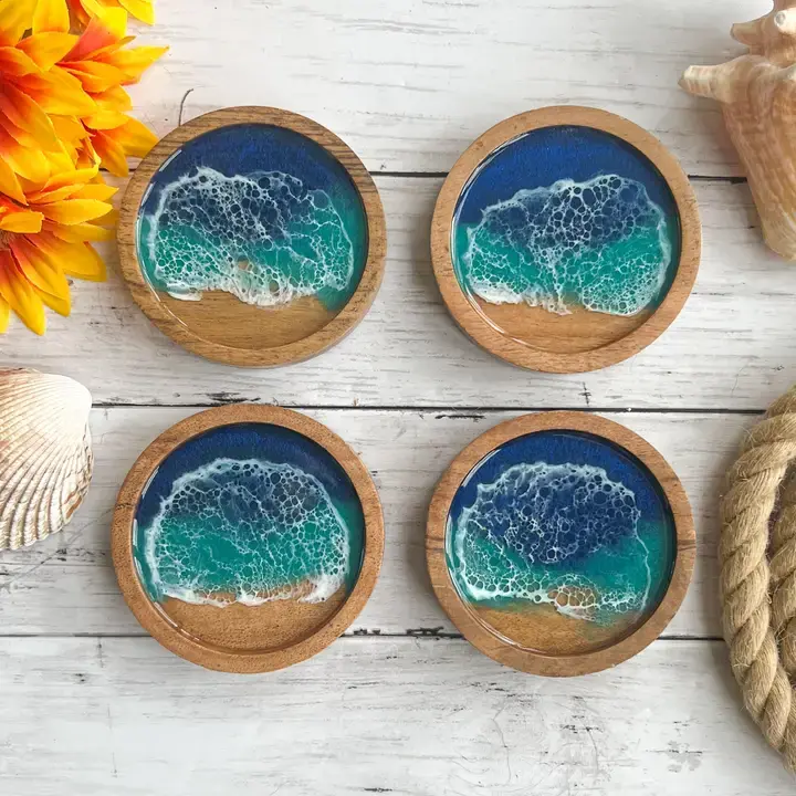 Citrus Waves Art Ocean Wave Wood Coaster (Pack of 4) - Silver Bonsai ...