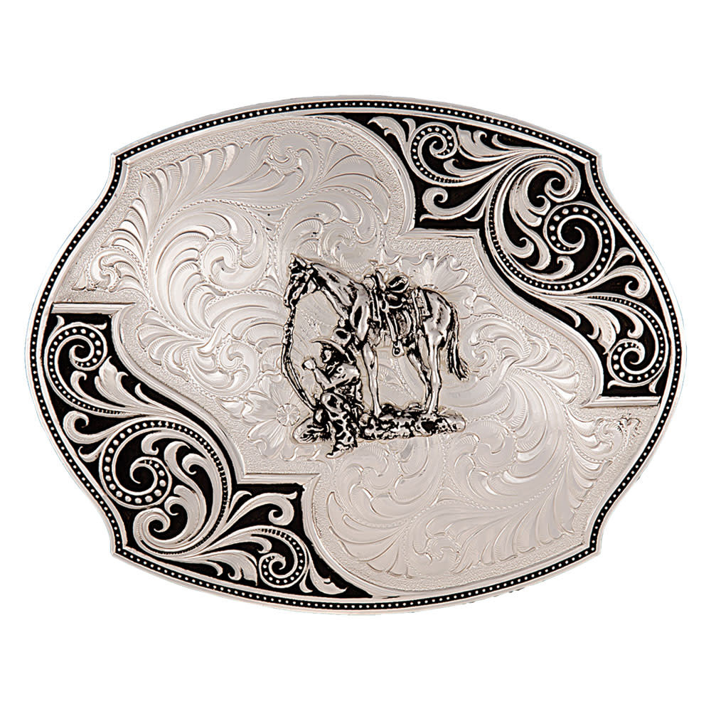 Western Lace Whisper Flourish Buckle with Cowboy and Horse - Silver ...