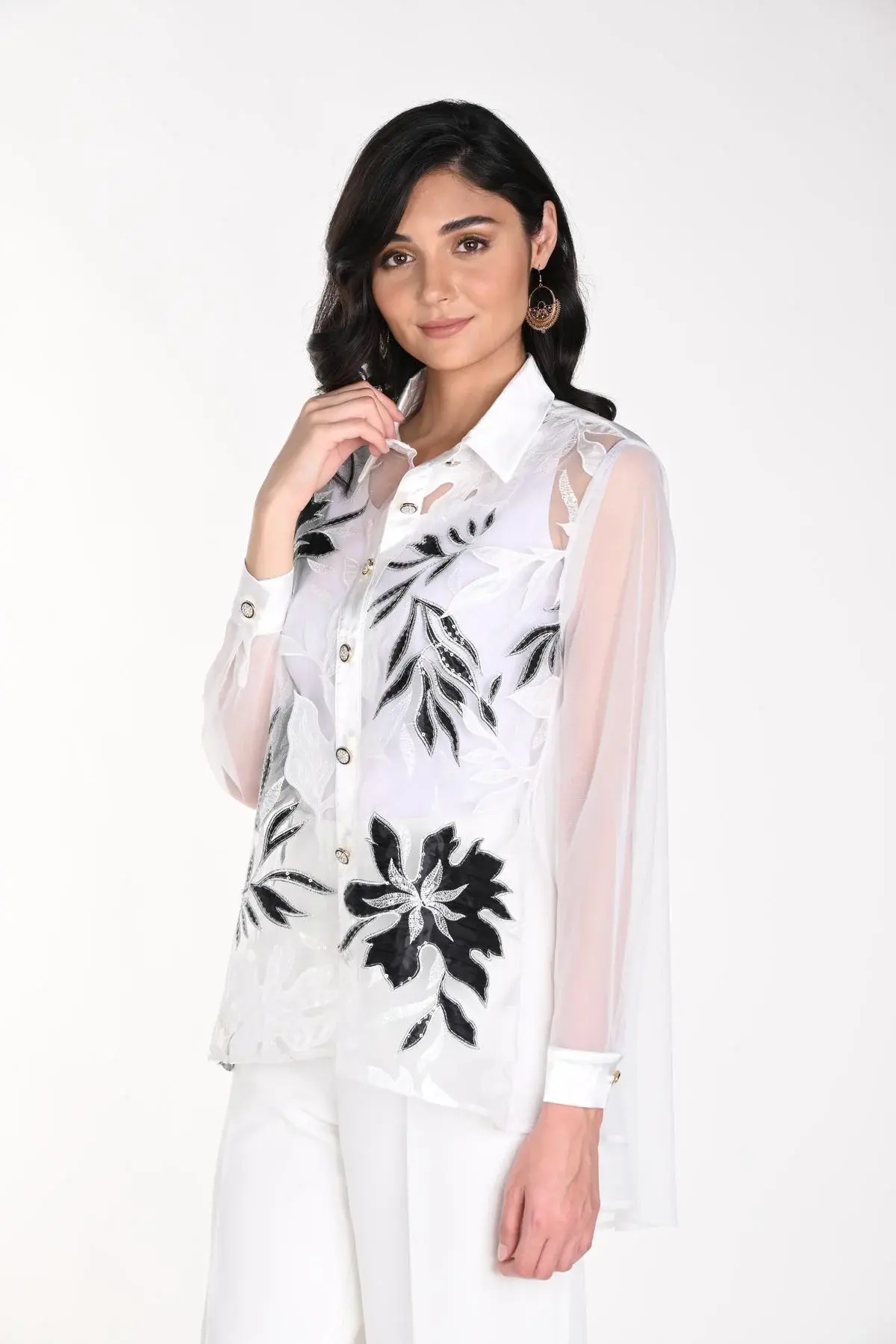 Frank Lyman Sheer fold collar embellished blouse - Ideal Fashion