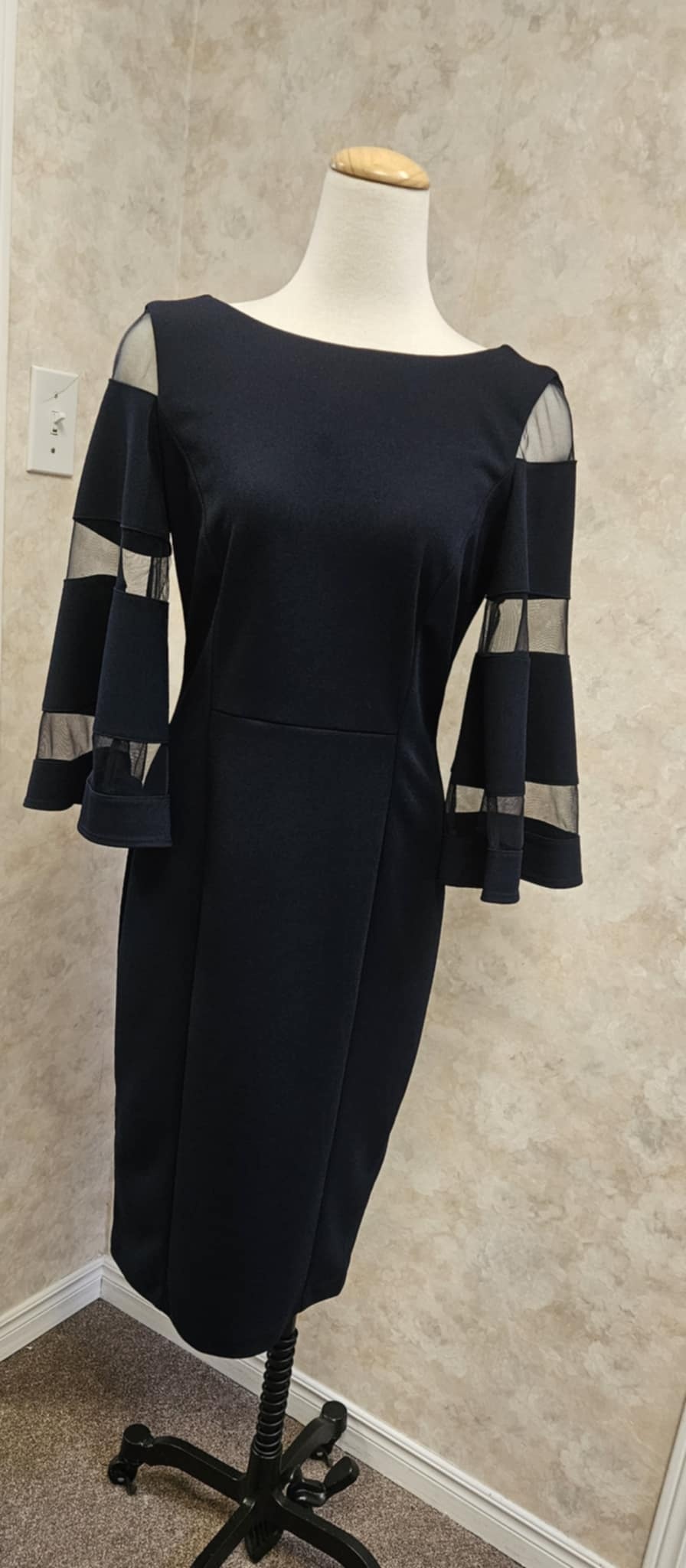 Joseph Ribkoff Mesh strip sleeve midi dress - Ideal Fashion