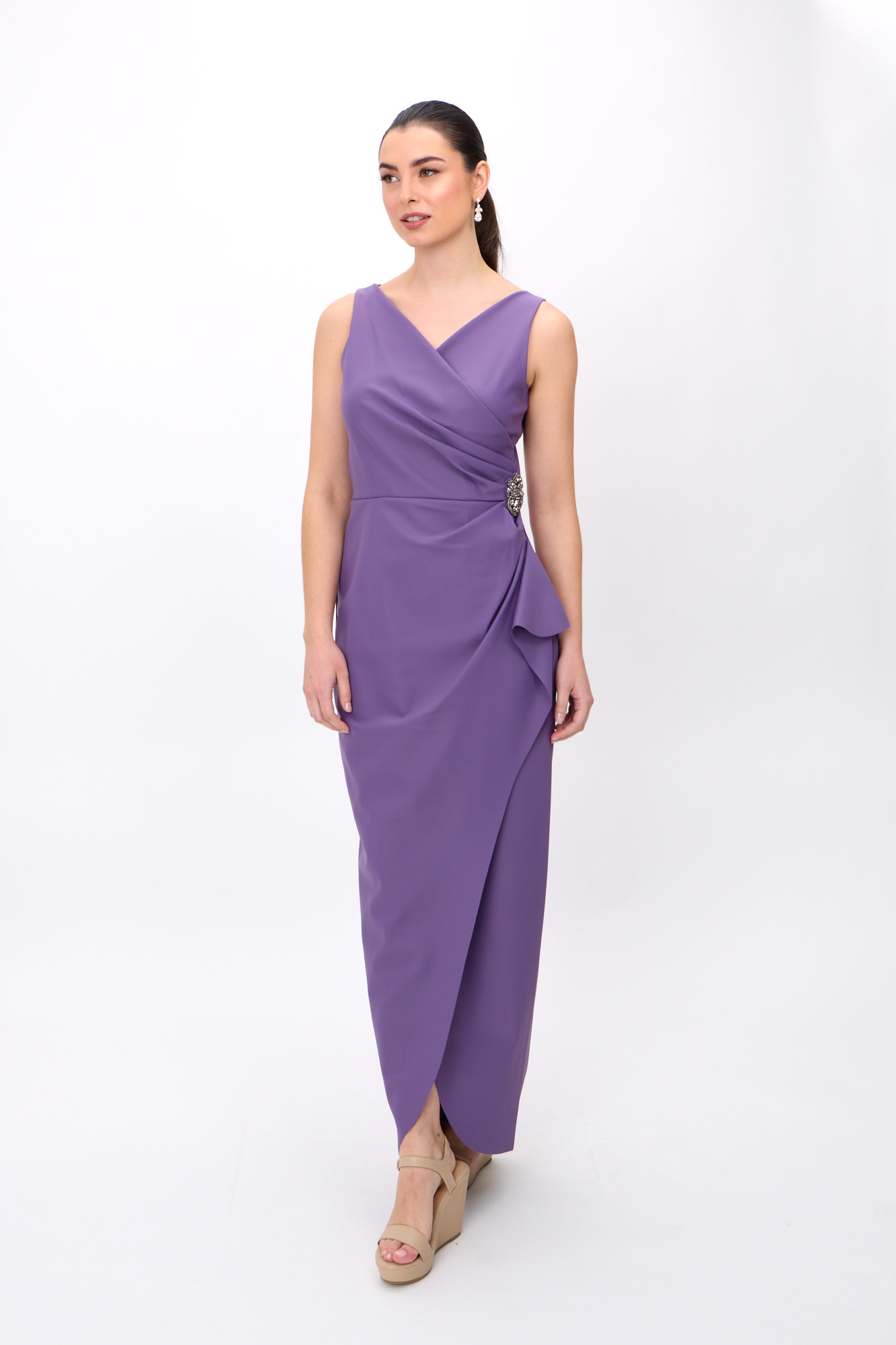 Alex evening Compression Sheath Cascade Detail Gown - Ideal Fashion