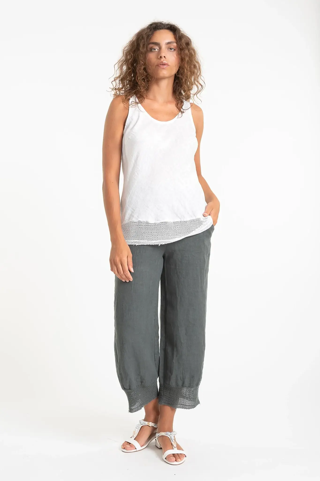 Linen Luv French Linen Mesh Hem Tank - Ideal Fashion