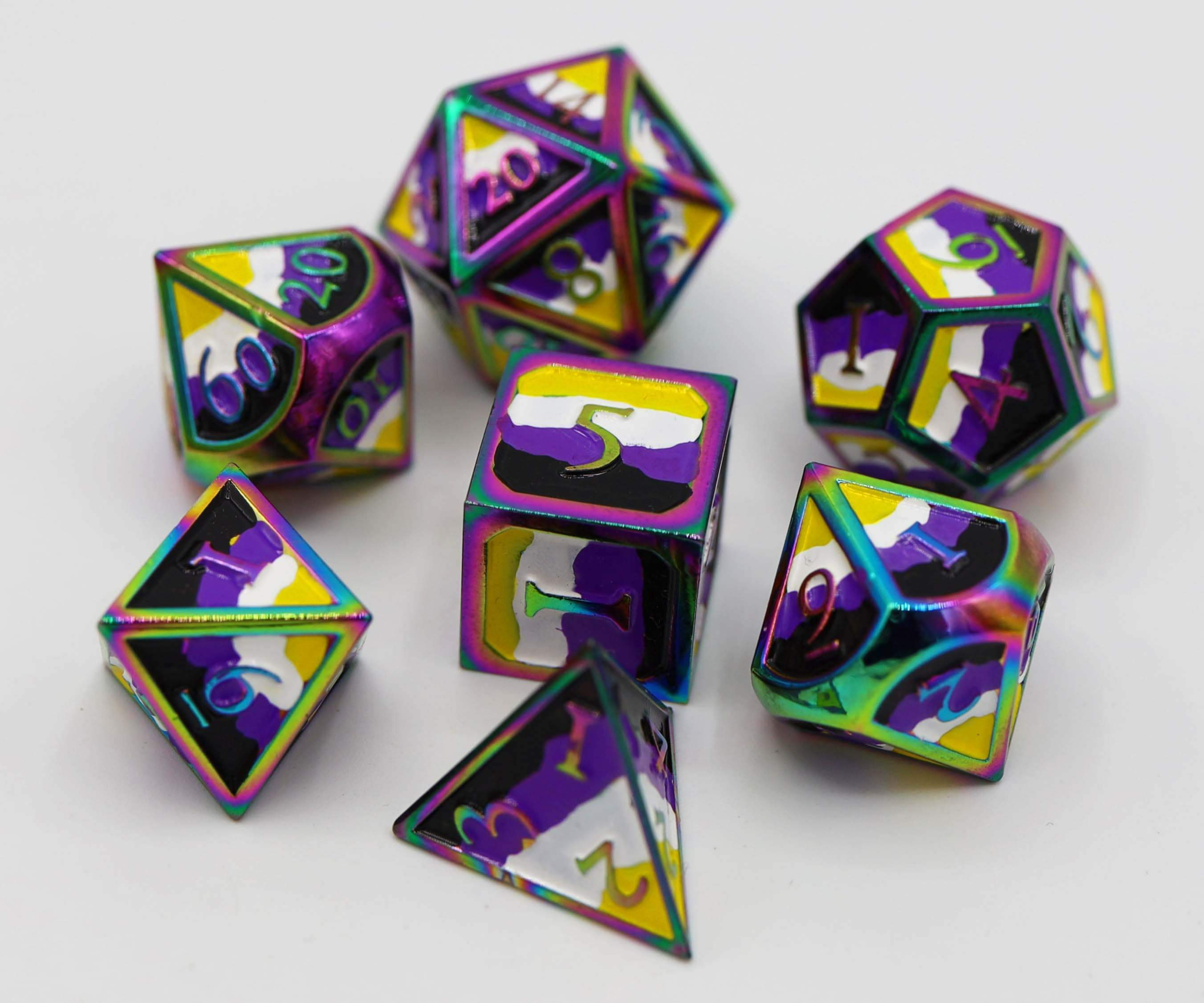 Foam Brain Games Non Binary Pride Flag Metal RPG dice 7 die set ...
